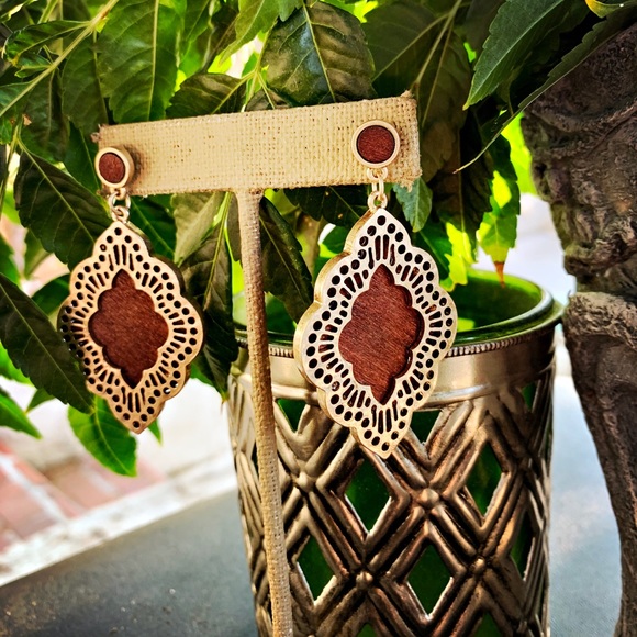 Jewelry | Gold Fretwork Over Shaped Wood Earring Posts | Poshmark